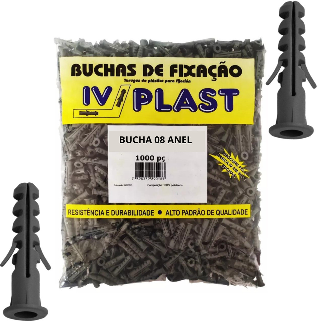 Bucha de 8mm Parede Fixação Pacote com 1000 Unidades Com anel ou sem ...