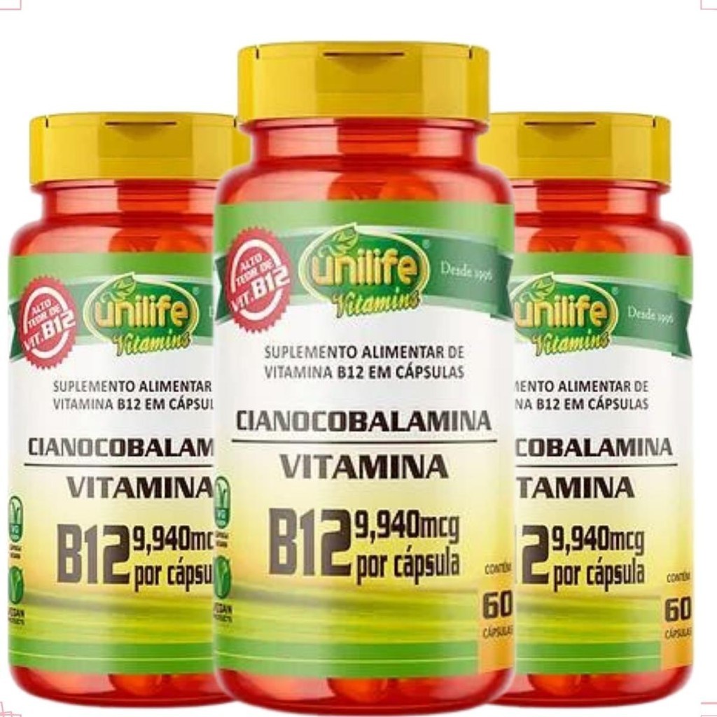 Kit 3 - B12 Cianocobalamina - 450mg - 60 Capsulas Suplemento - Unilife ...