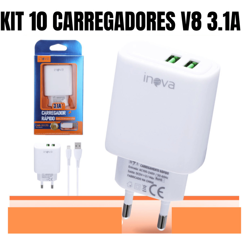 Kit 10 carregadores celular inova 3.1 android v8 2 usb | Shopee Brasil