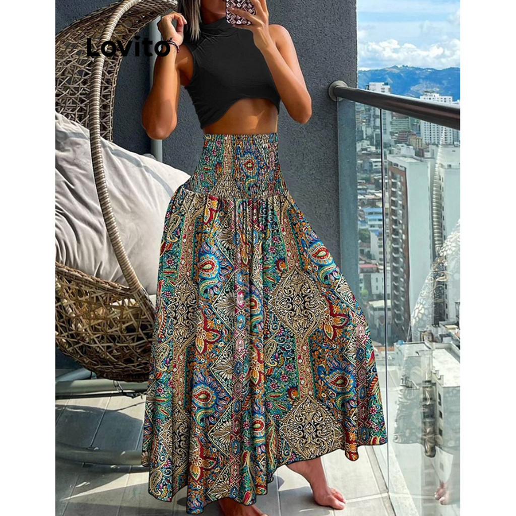 Lovito Saias boho com estampa tribal para mulheres LNL57332 - Corre Que ...