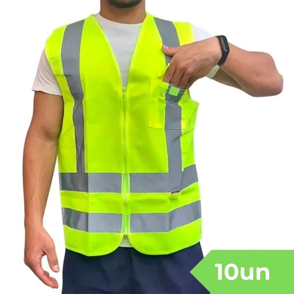 Kit 10 Colete Refletivo Segurança Faixa Sinalização com Bolso Verde ...