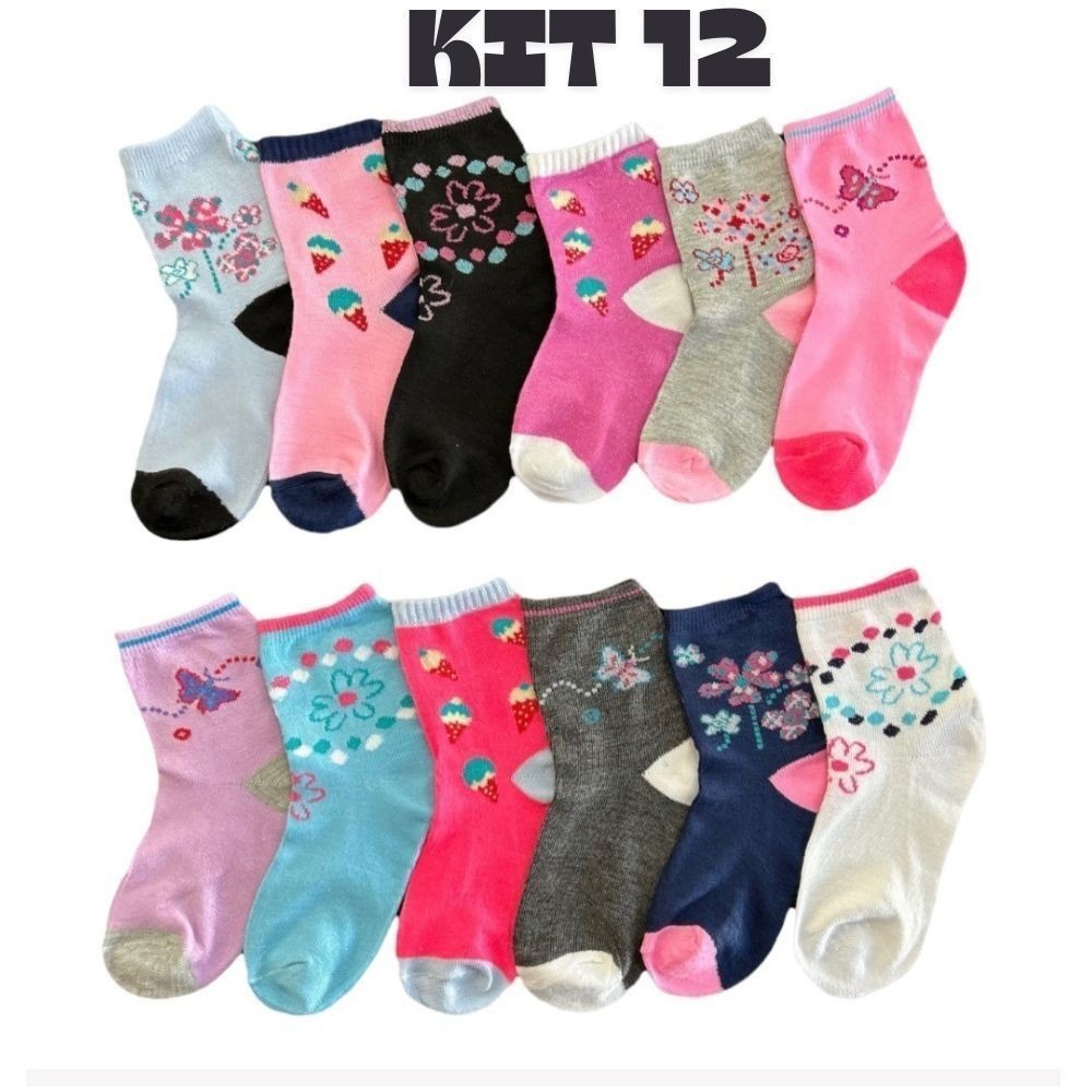 Kit com 12 Pares de Meias Infantil Cores e Estampas Variadas para ...