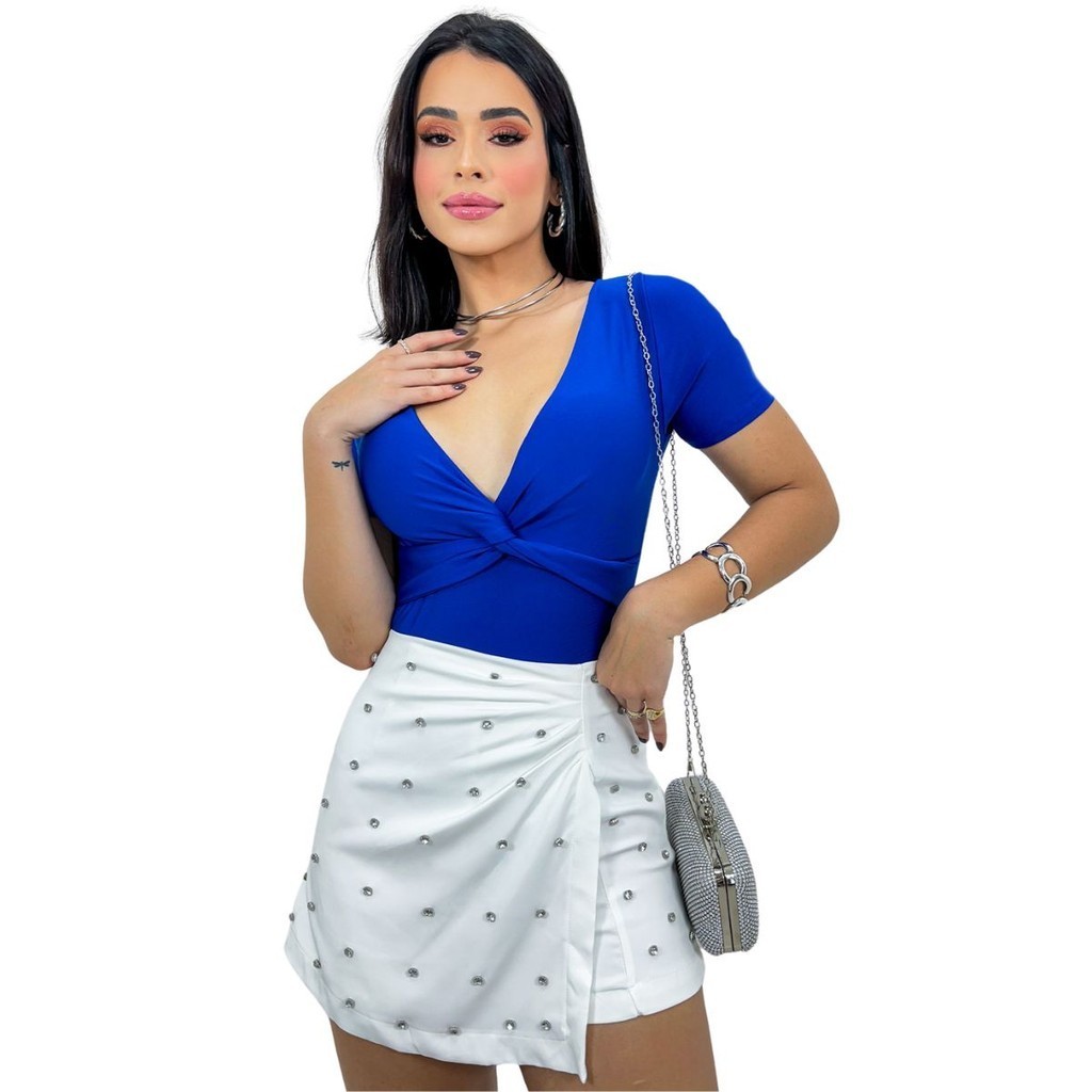 Body Blusa Feminina Manga Curta Decote V Nózinho Social Frente Trançada ...