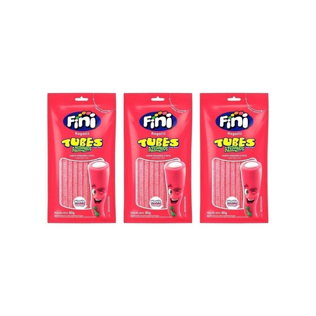 Kit 3 Unidades Bala Tubes Morango Acido Fini 80g | Shopee Brasil