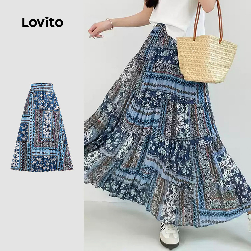 Lovito Saias plissadas geométricas Boho para mulheres L124AD1045 ...