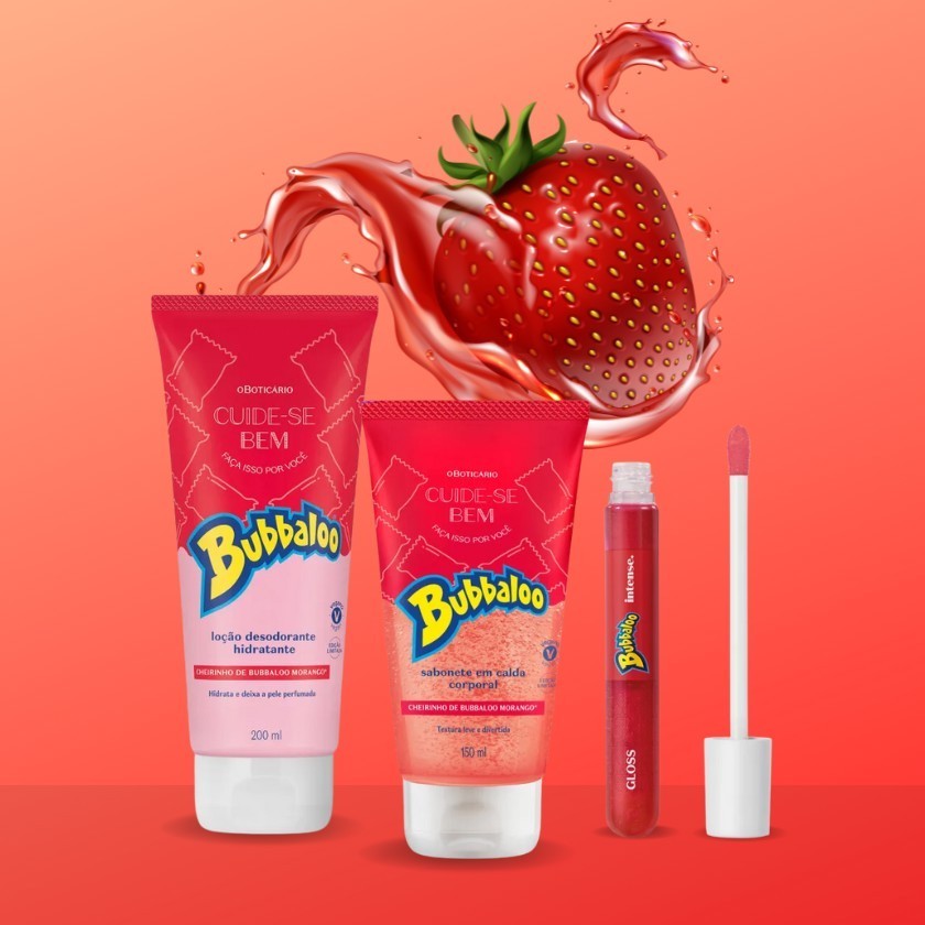 Kit Bubbaloo Morango Sab Líq + Gloss Labial + Hidra Corporal (3 itens ...