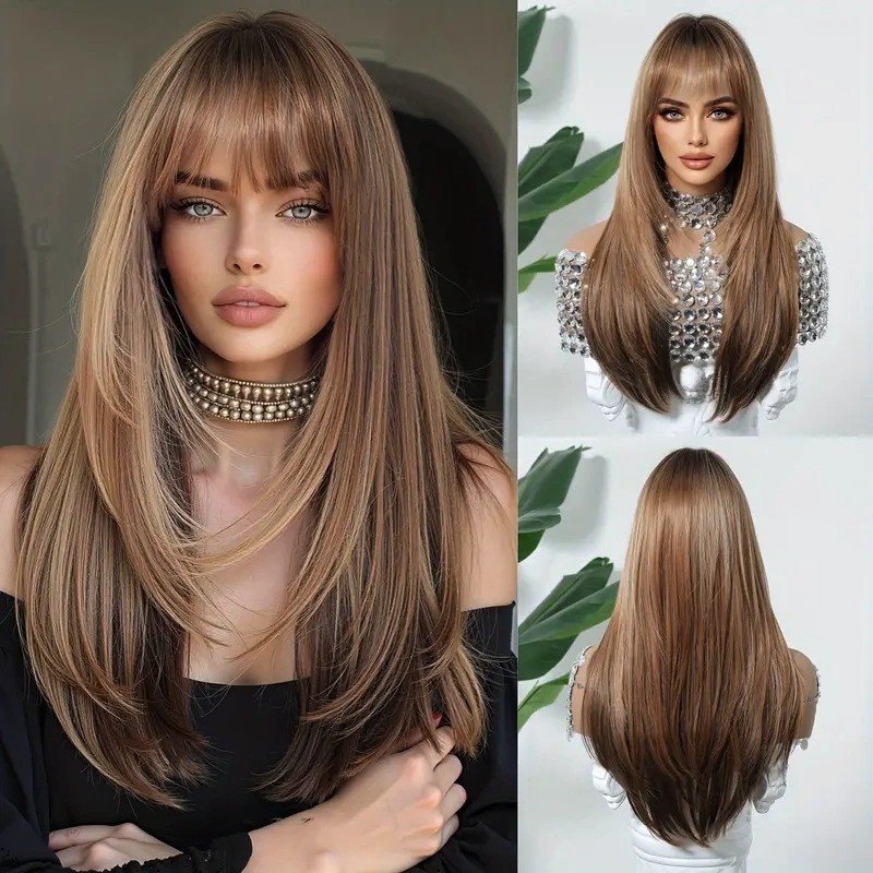 Peruca Lisa Com Franja Longa Linha Popular Fibra Camadas 60cm 280g ...
