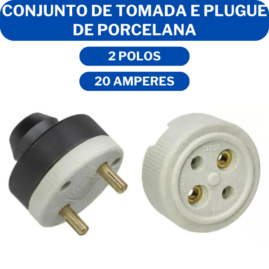 Kit Tomada + Plug Macho de 2 Polos x 20A de Porcelana Com Selo Inmetro ...