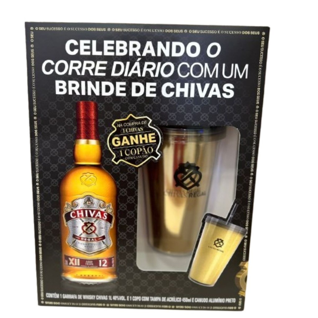 Kit Whisky Chivas Regal 12 anos 1000ml + 1 Copo Com Tampa De Acrílico 450ml Personalizado ...