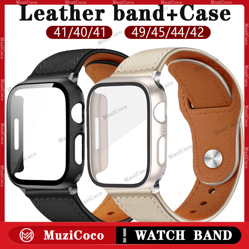 Case + Pulseira De Couro Genuíno Para Smart Relógio 45mm 41mm 44mm 40mm Iwatch Series 9 8 7 6 SE ...
