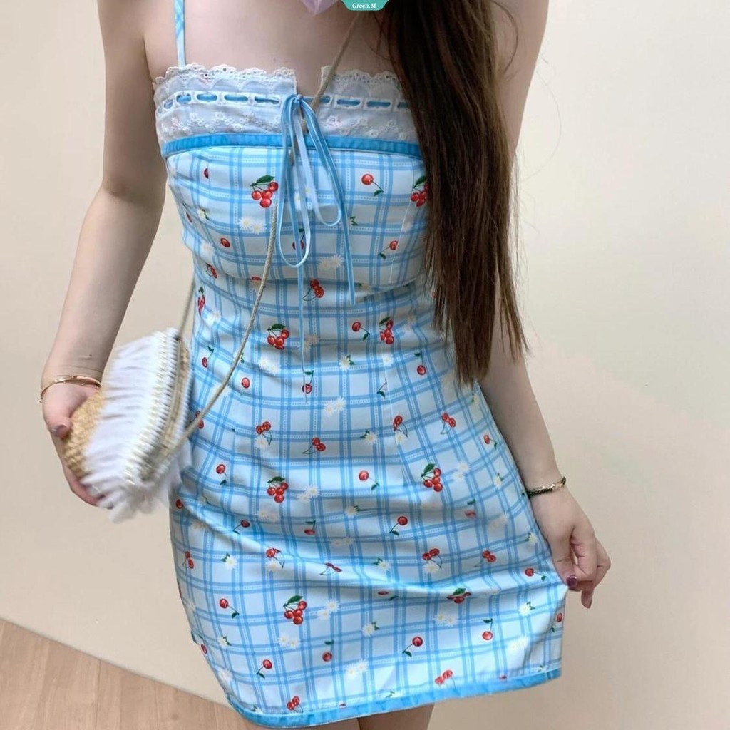 Estilo Coreano Mulheres Fofas Pequena Cereja Azul Xadrez Impressão ...