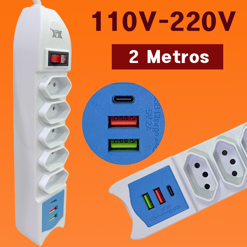 Extensão elétrica com 5 tomadas, entradas USB e tipo C, ideal para múltiplos dispositivos ...
