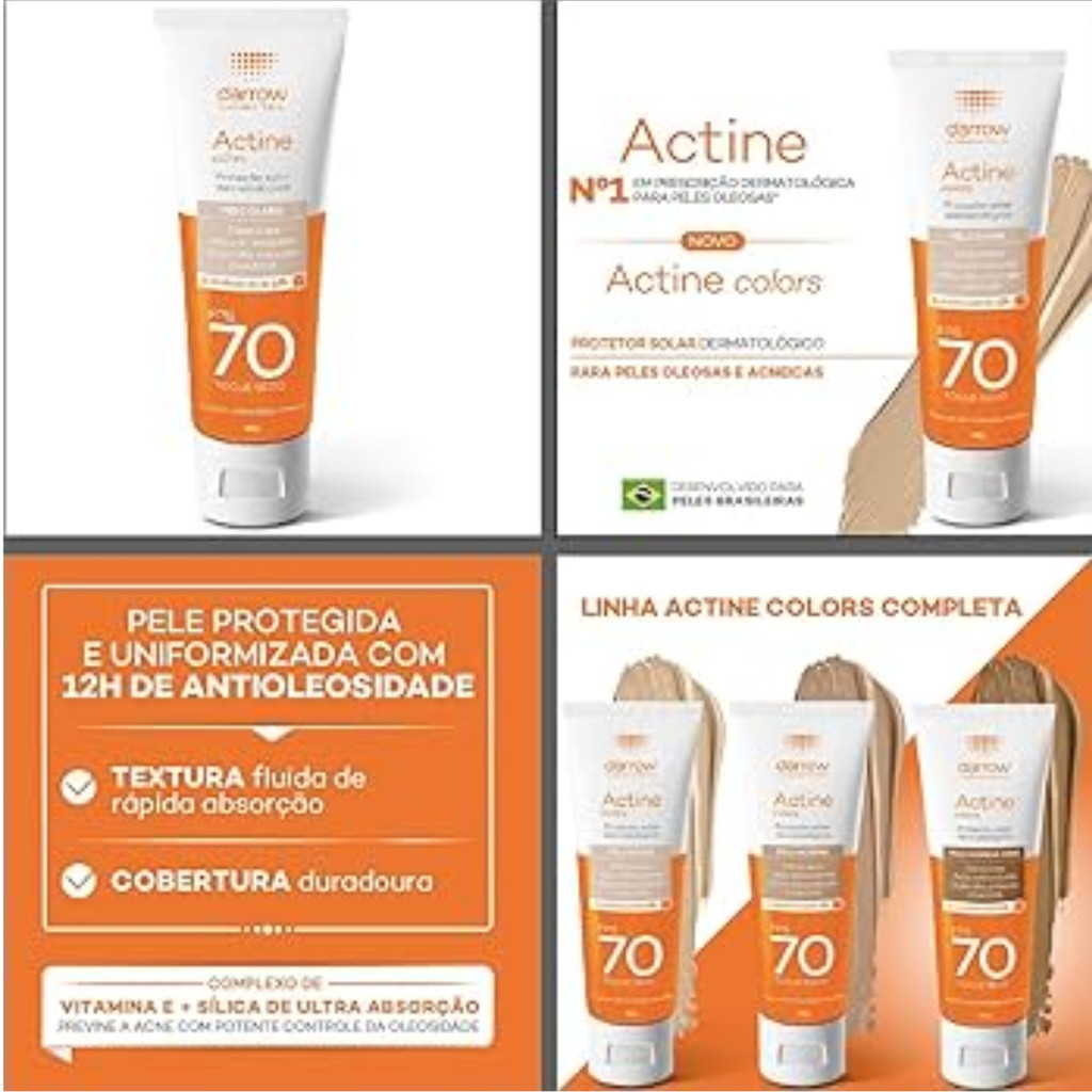 Protetor Solar Actine Colors 40g FPS 70 antioleosidade 12 horas escolha ...
