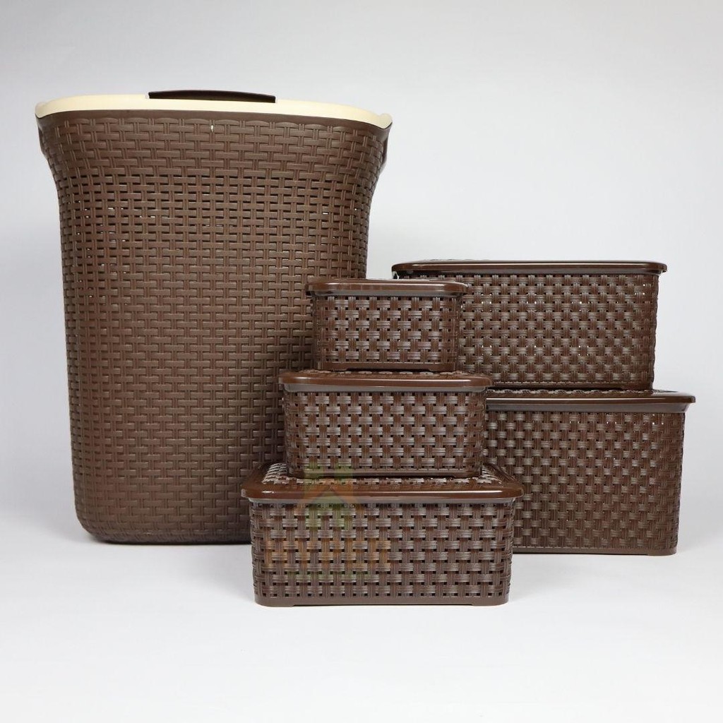Kit Cesto de Roupas 60L + Caixa Organizadora Rattan com Tampa Marrom Lig Brin 2.5L/4L/7.8L/16L ...
