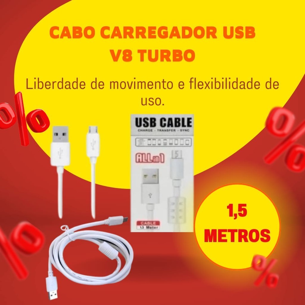 Cabo Carregador Entrada V8 Turbo USB 1,50 Metros Reforçado - Tudo Em 1 ...