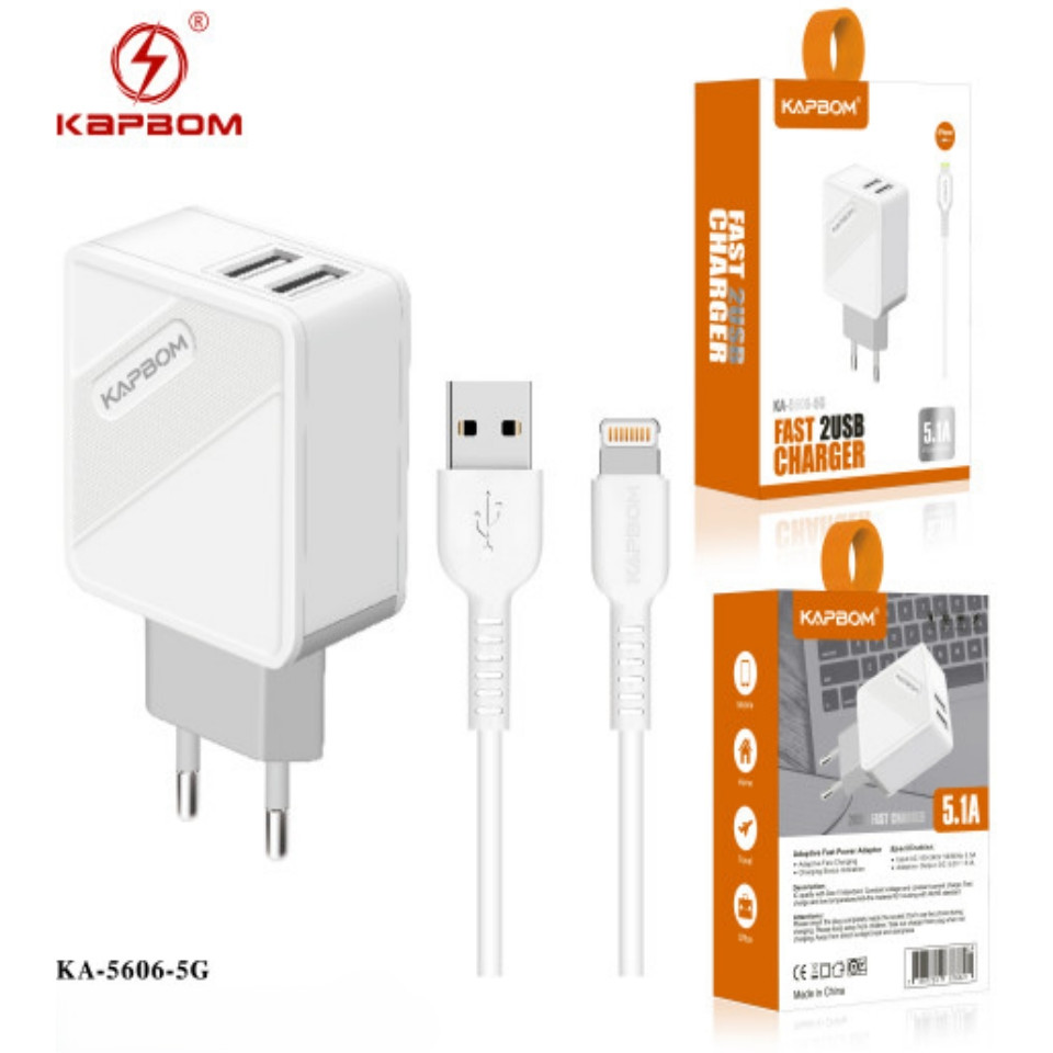 Carregador Com Cabo Turbo Rápido 2 Usb 5.1a Kapbom 5606 Tipo C/V8/IOS | Shopee Brasil