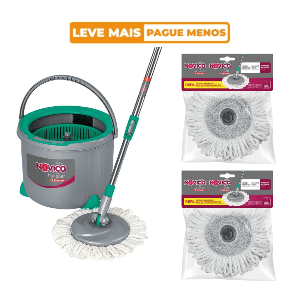 Kit Mop Twister de Microfibra com Cabo e Balde 13L + 2 Refil Mop ...