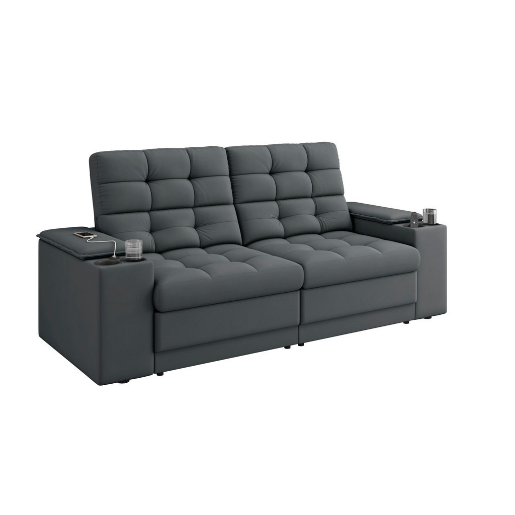 Sofá Confort Premium 1,70m Assento Retrátil/Reclinável porta copos e USB Suede Cinza - XFlex ...