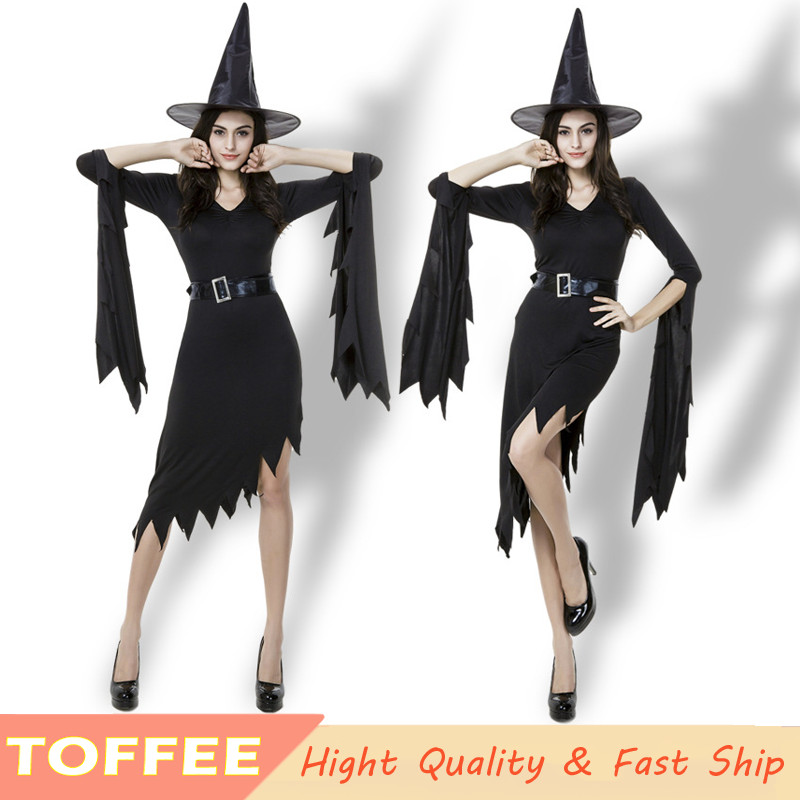 Fantasia De Bruxa Preta Cosplay Horror Fantasma Diabo Vestido Escura ...