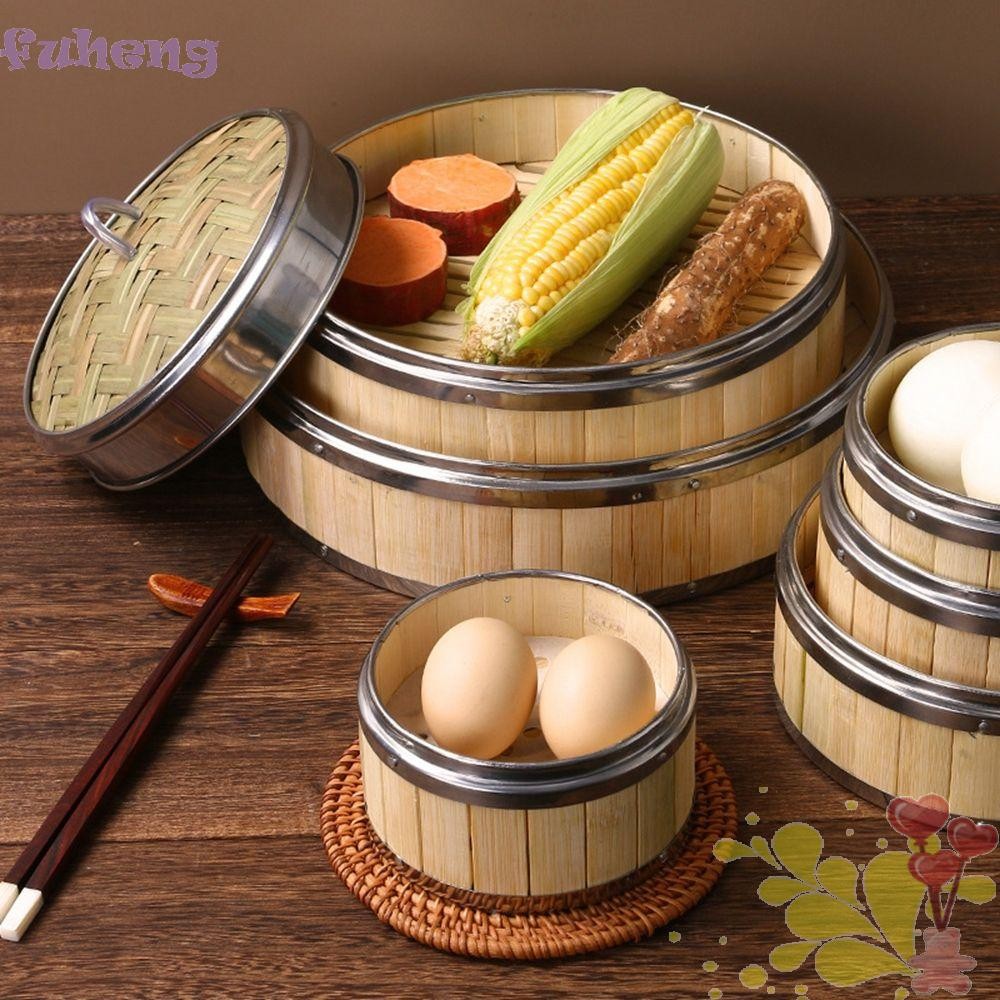 FUHENG Bambu Vapor Bao Pães Com Alça De Aço Inoxidável Cesta De Dim Sum ...