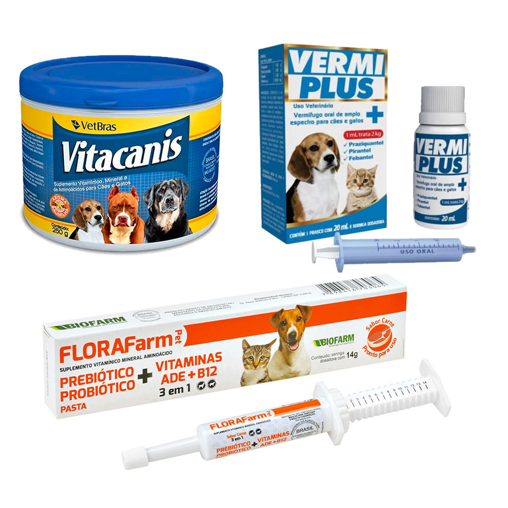 Vermifugo Vermiplus oral 20m + Suplemento Vitacanis 250grs + Florafarm ...