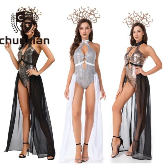 Sexy Medusa Cosplay Traje Preto Branco Anjo Vestido Para Mulher Adulto Cobra Deusa Grega Macacão ...