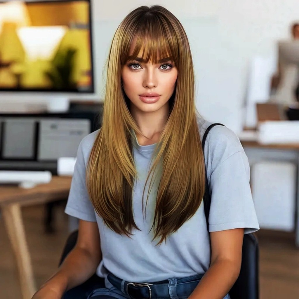 Peruca Lisa Lace Com Franja Longa Linha Popular Fibra Camadas 60cm 280g | Shopee Brasil