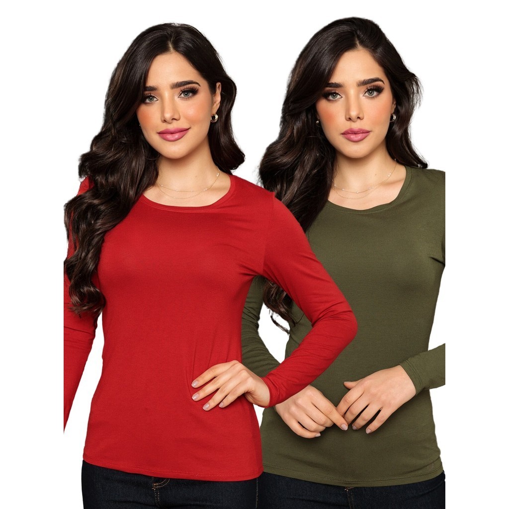 Kit 2 Blusas Manga Longa Em Vicolycra sueca Básica Gola Redonda ...
