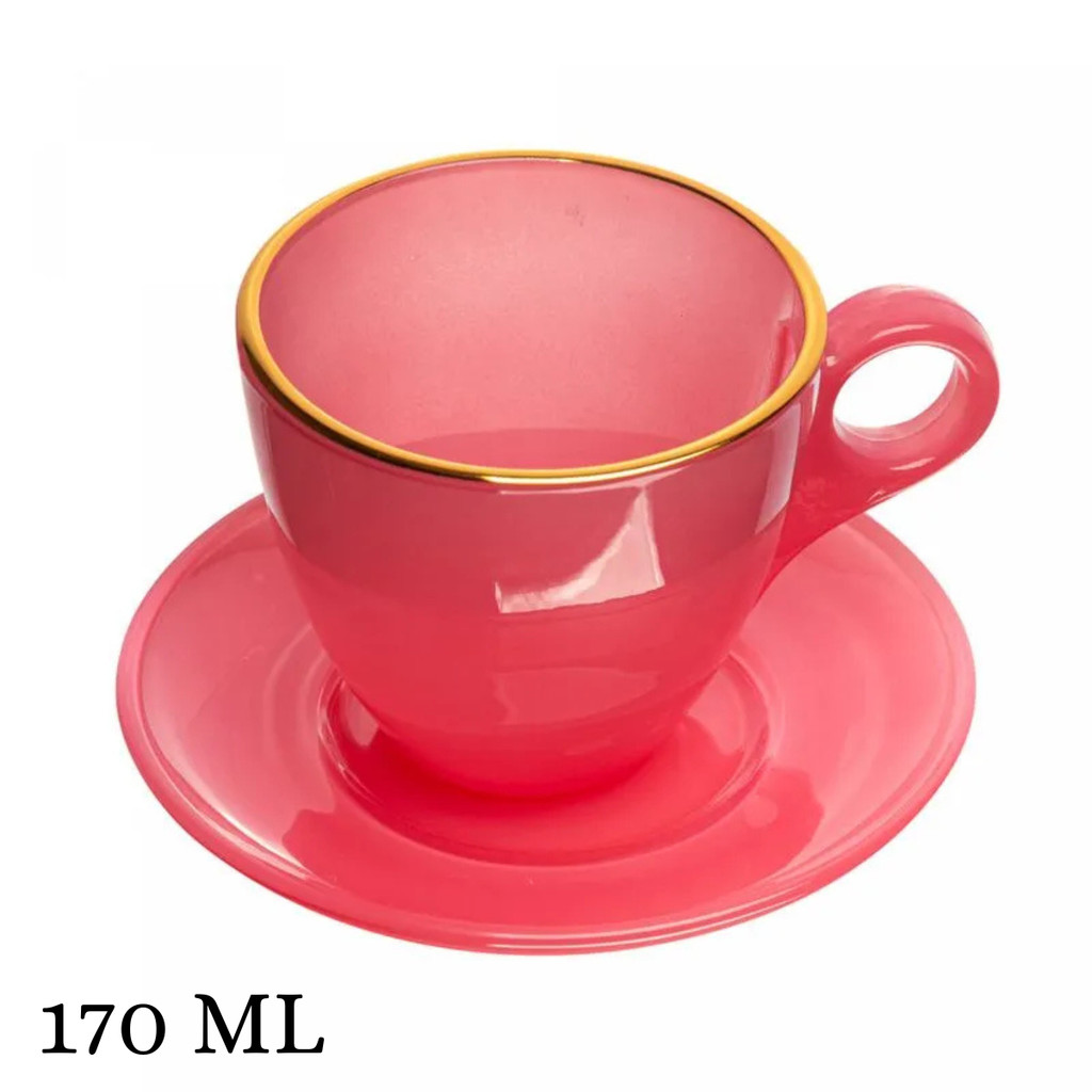 Conjunto 4 Xícaras de Vidro com Fio de Ouro e Pires Milky Rosa 170ml ...