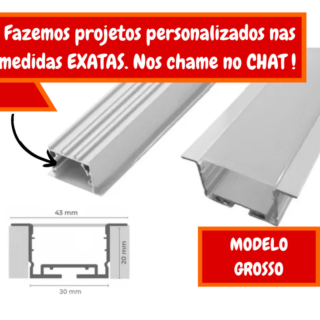 Perfil de LED Embutir 43mm 1m Branco Grosso - Fazemos Projetos medidas ...