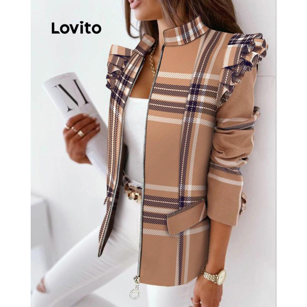 Lovito Casaco casual xadrez colorblock com babados e bolso falso para ...