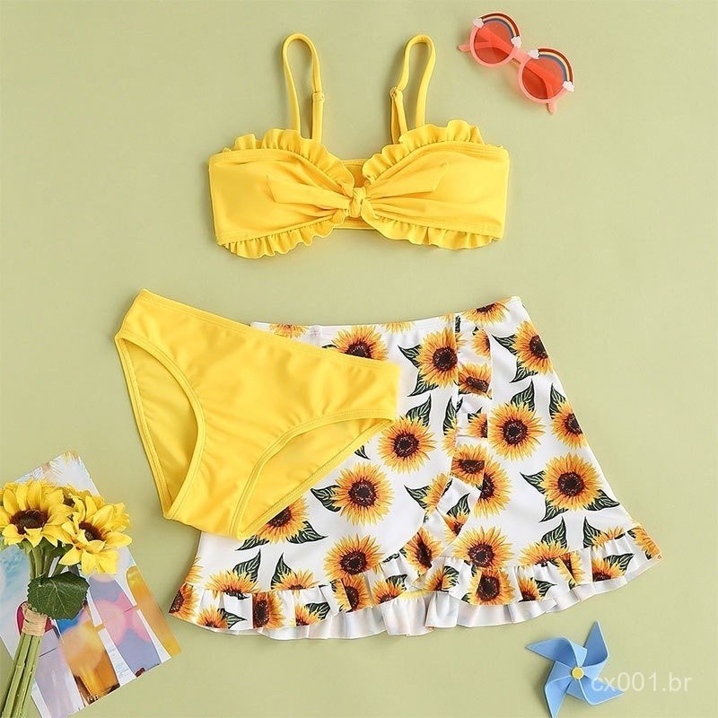 Biquíni juvenil com saia, conjunto de 3 peças, biquíni juvenil amarelo ...
