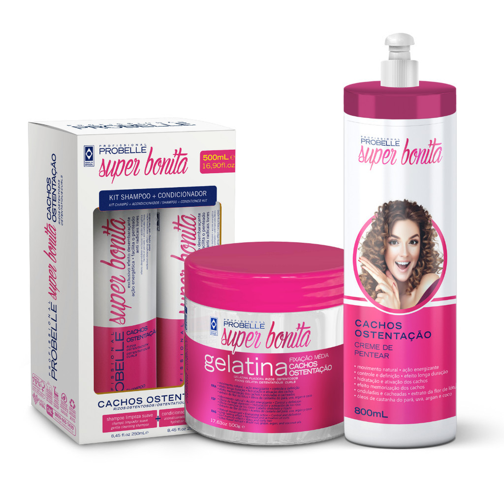 KIT CACHOS OSTENTAÇÃO ( GELATINA 500G. + PENTEAR + SHAMP + COND ...