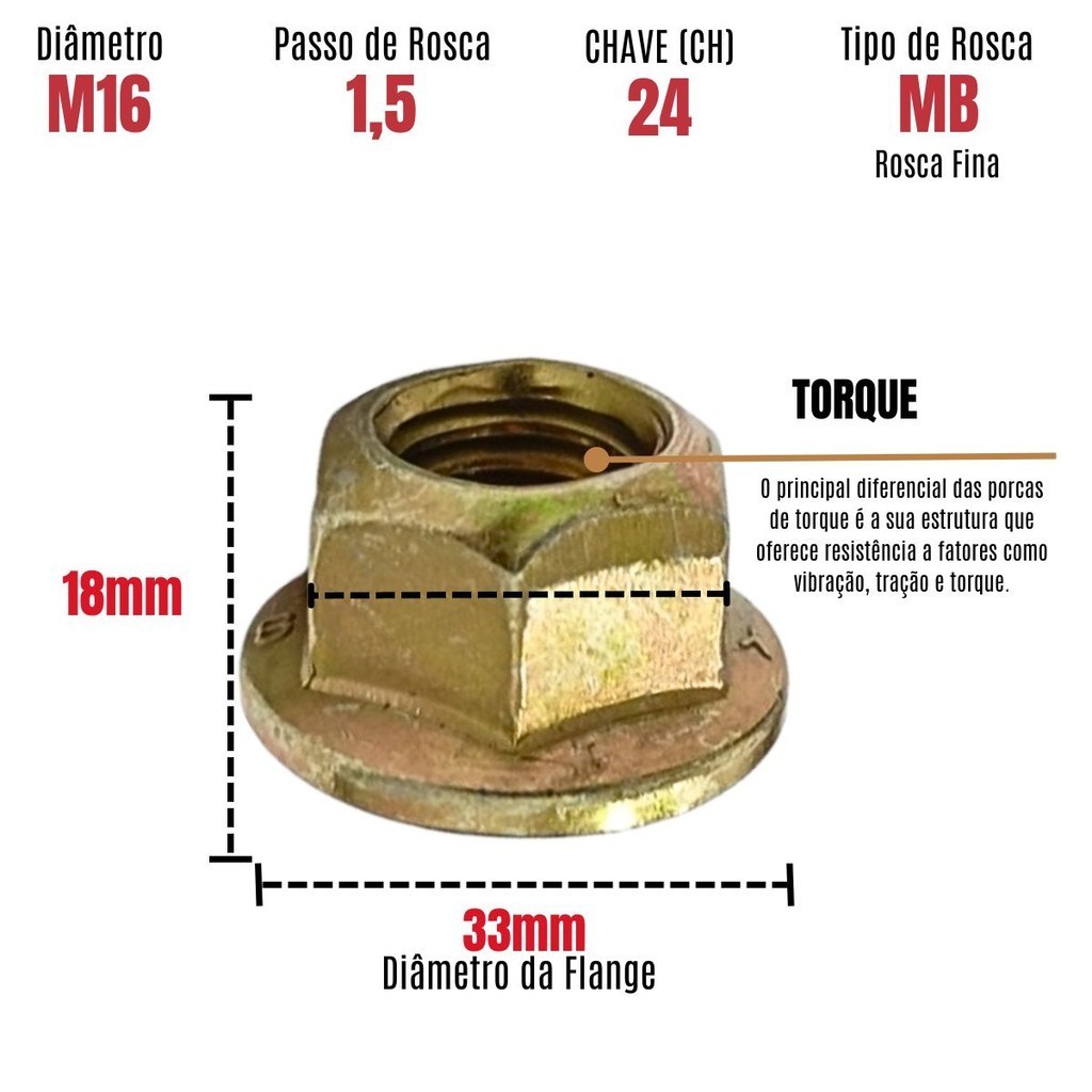 Porca Torque Flangeada M16 Fio 1,5 CH 24 Rosca Fina MB 50 Un | Shopee ...
