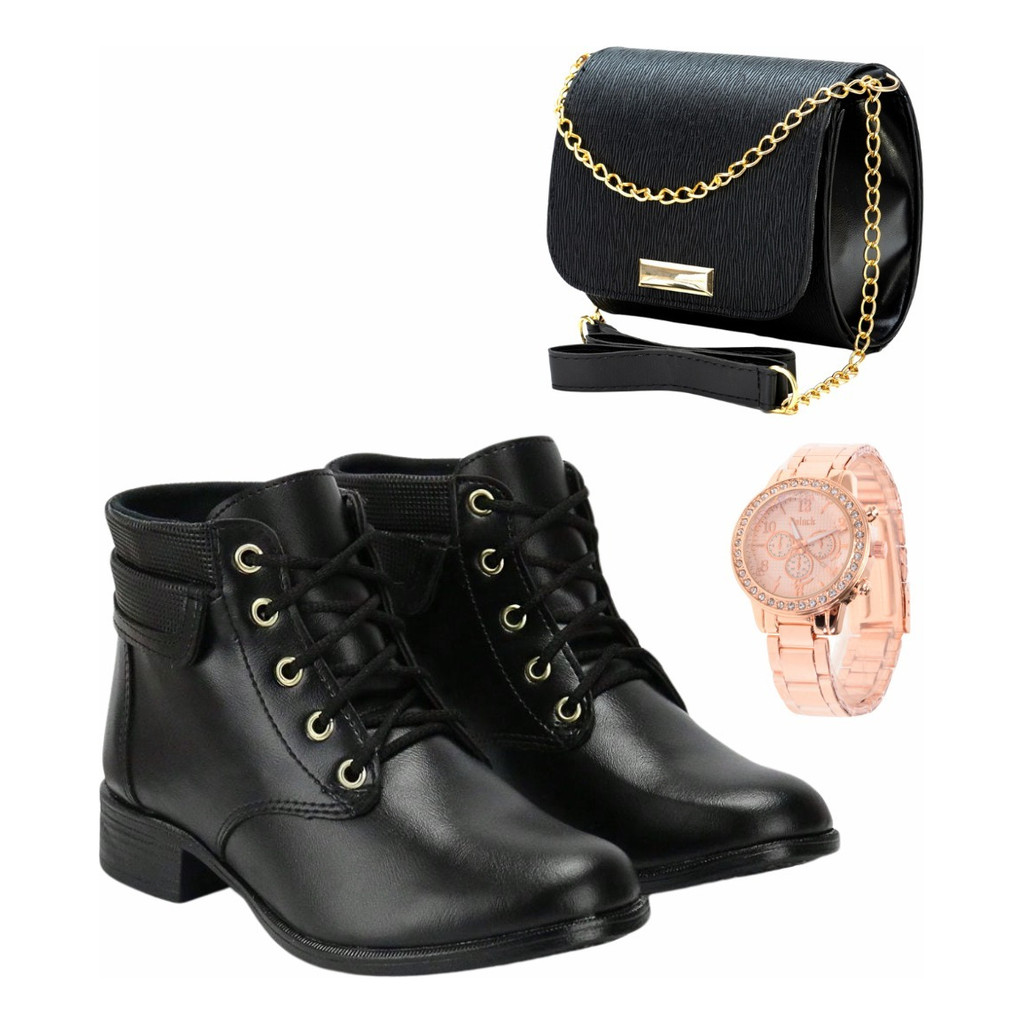 Bota Couro Cano Curto Feminina Inverno + Bolsa + Relógio | Shopee Brasil
