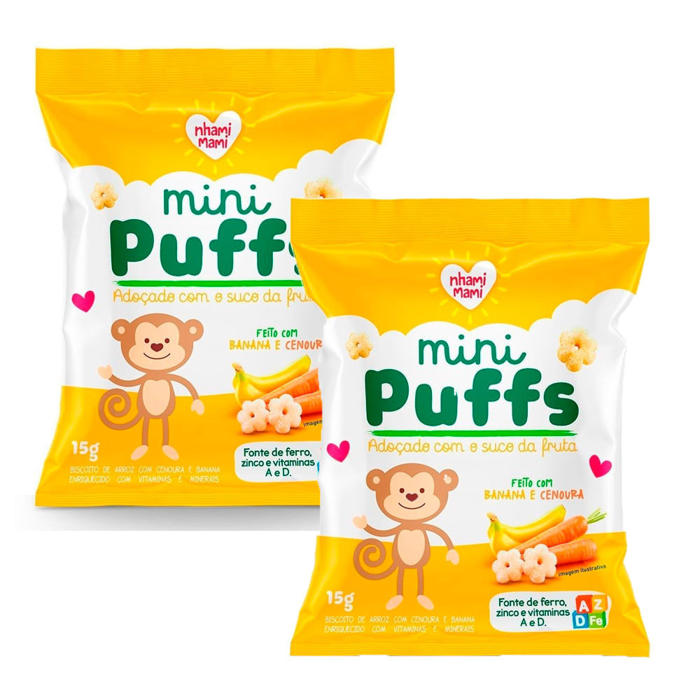 Kit 2 Biscoito Nhami Mami Mini Puffs Snack Banana e Cenoura 15g | Shopee Brasil