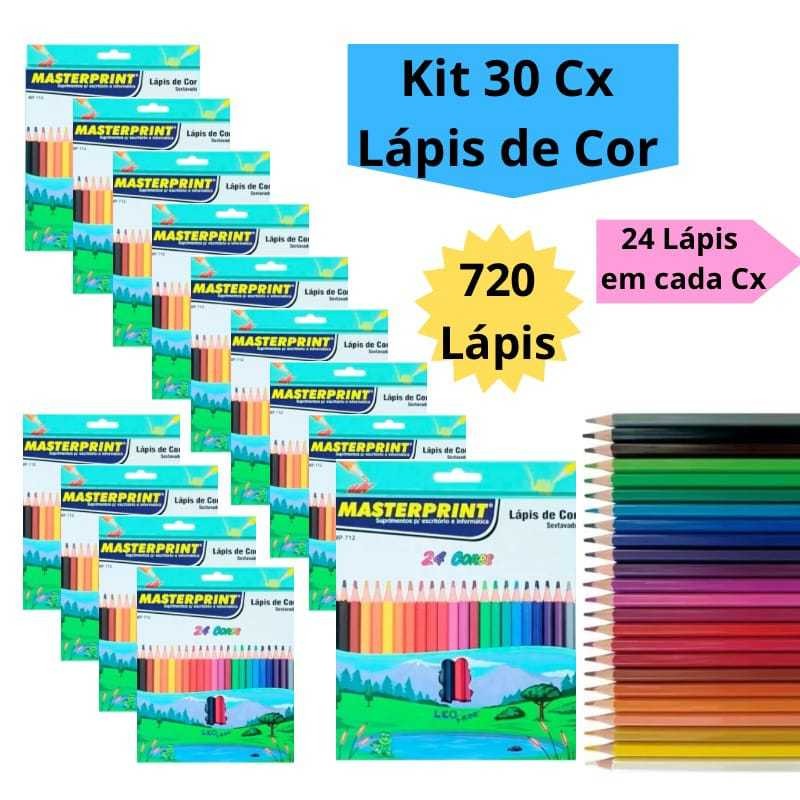Kit 30 Caixas Lápis de Cor 24 Cores Resistente Sextavado Escolar ...
