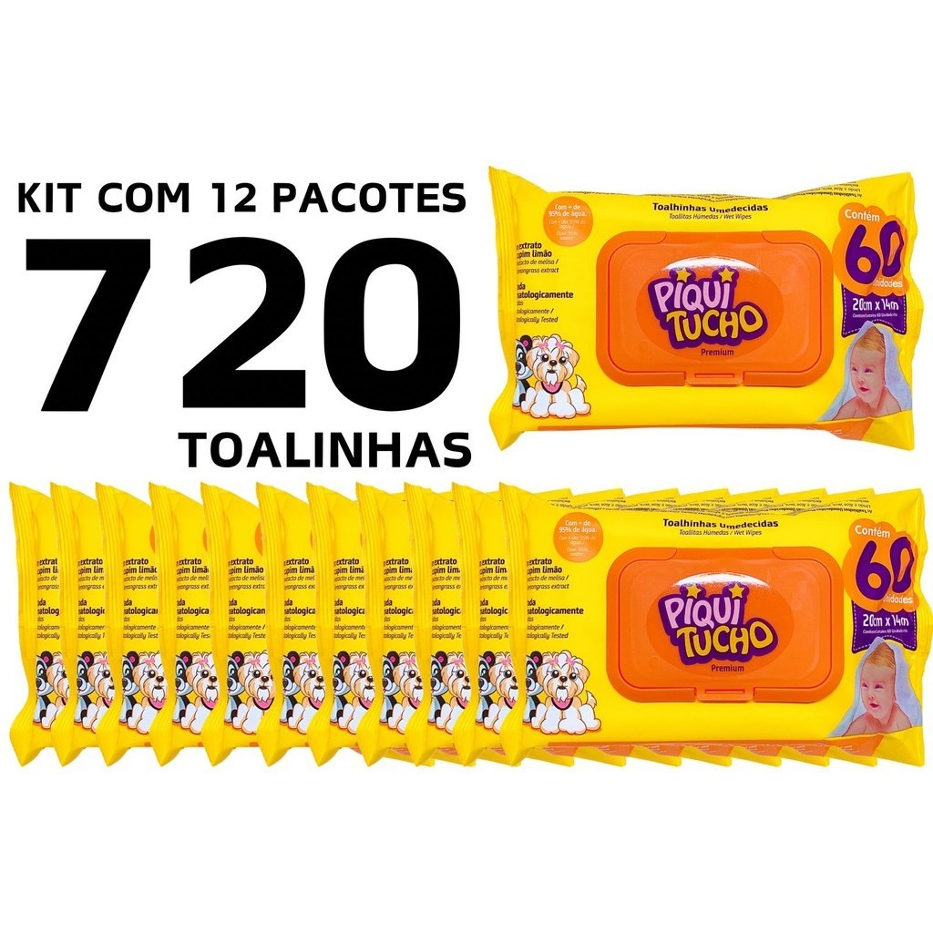 KIT COM 12 PACOTES DE LENÇO/TOALHAS UMEDECIDAS PARA BEBE PIQUITUCHO ...