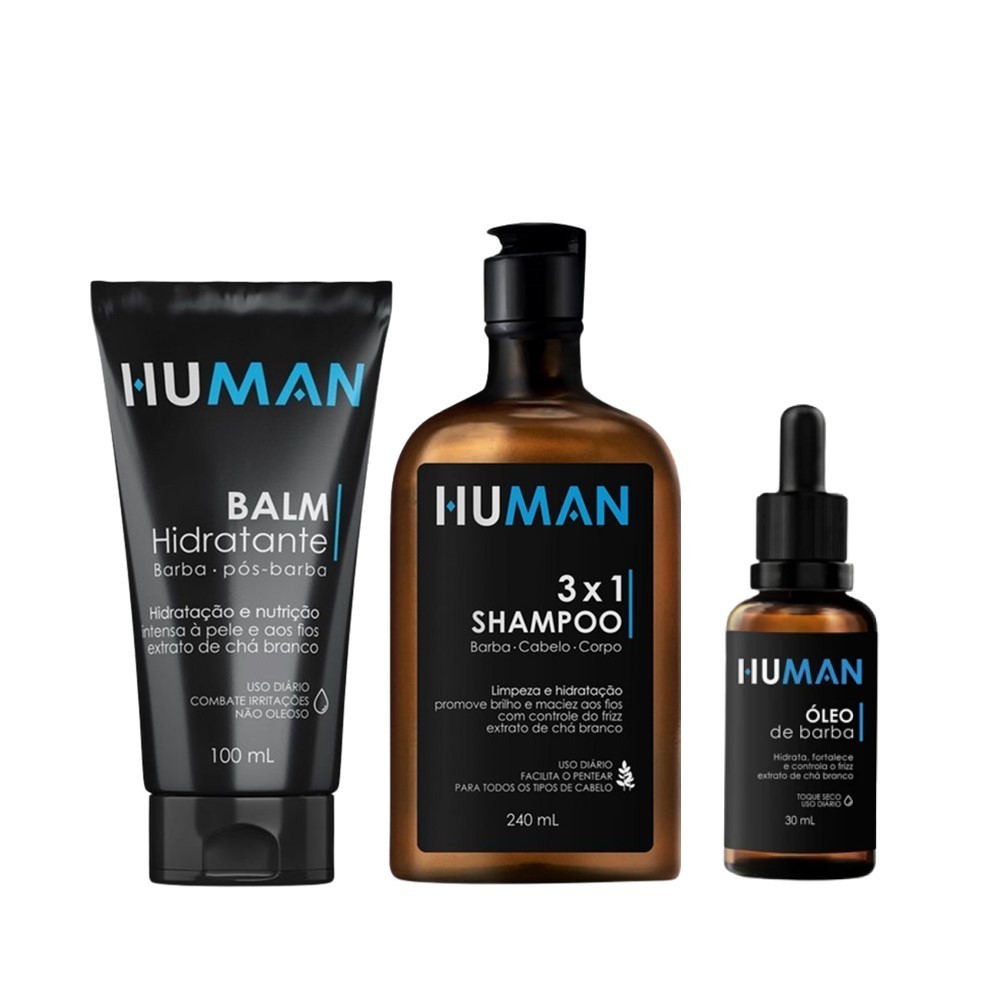 Kit Shampoo 3×1 240ml e Creme Balm Pós Barba com Óleo Hidratante Human ...