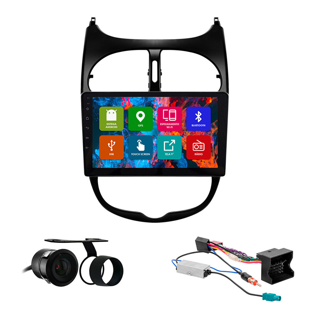 Kit Multimídia 9 Pol Peugeot 206 02 A 2010 Android 2Gb Ram 32Gb Flash Quad-Core 2 Din Preto Wifi ...