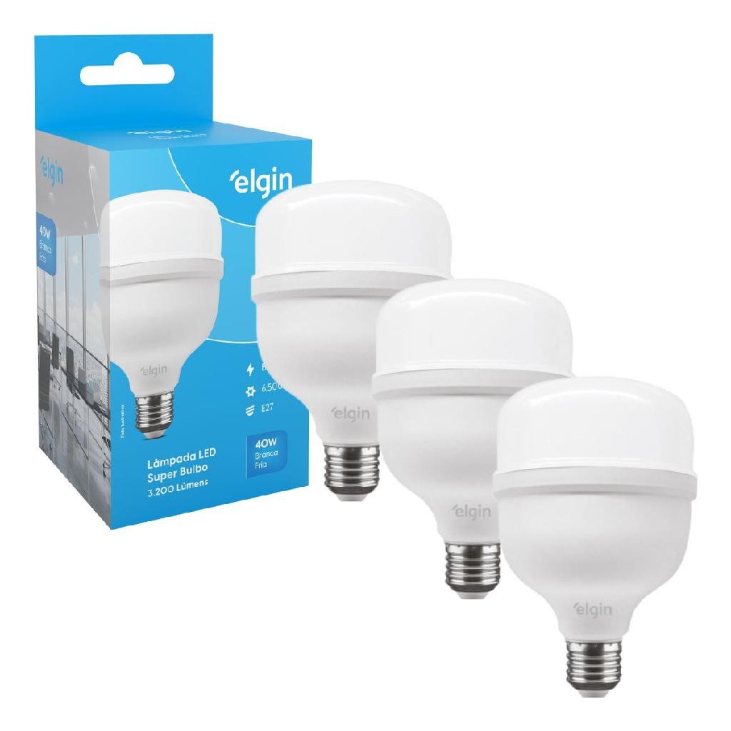 Kit 3 Lâmpadas Super Bulbo Alta Potência Led 40w 6500k Elgin | Shopee Brasil