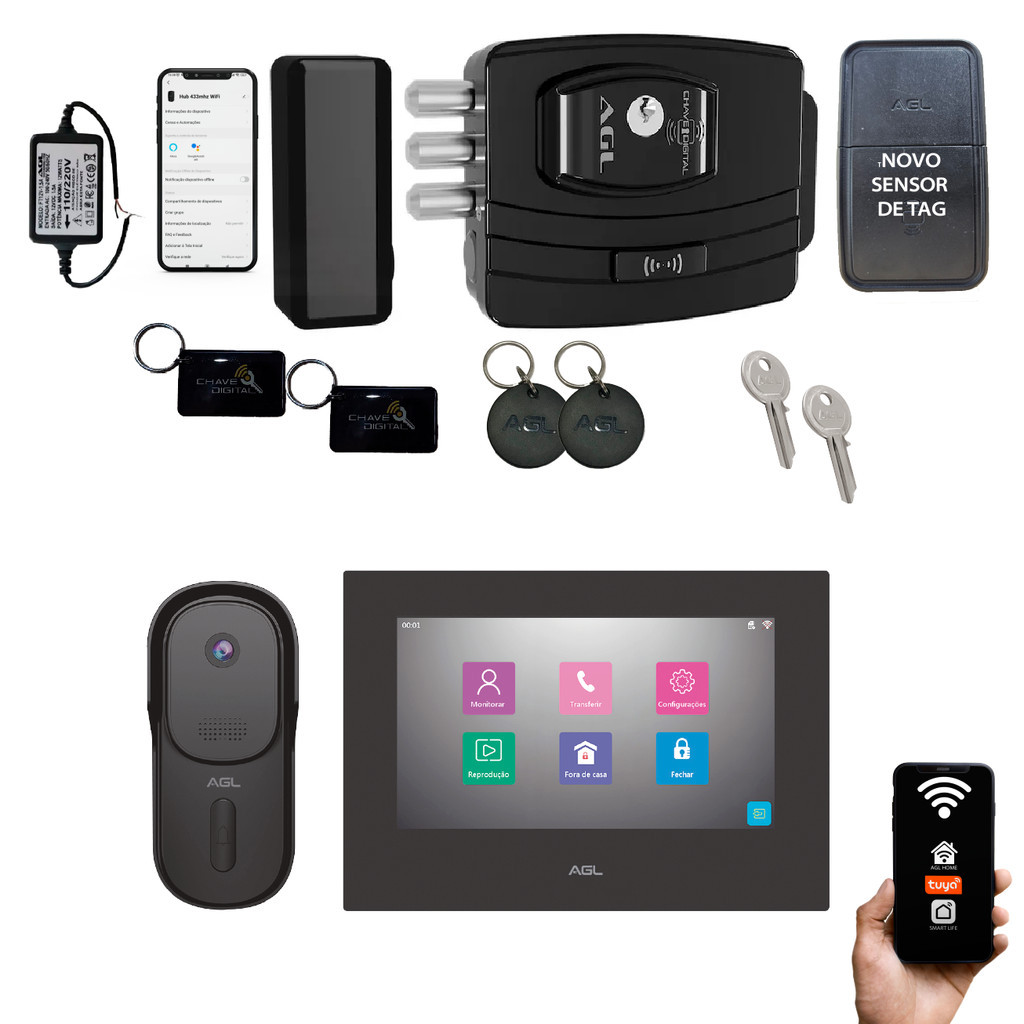 KIT FECHADURA AGL ULTRA MAGIC CARD PRETA- CH.SIMP + VIDEO PORTEIRO VP7 ...