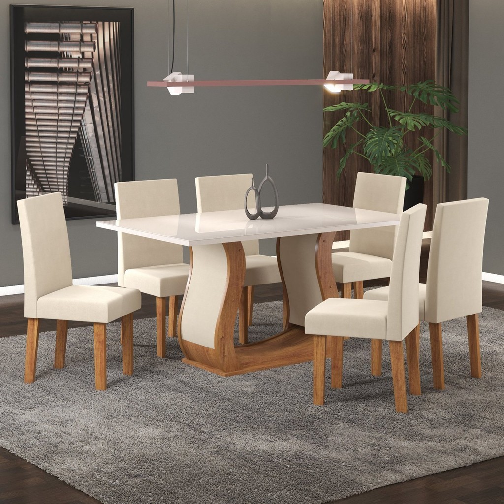 Conjunto Sala de Jantar Mesa Livia 160x80cm Tampo Vidro/MDF com 6 ...