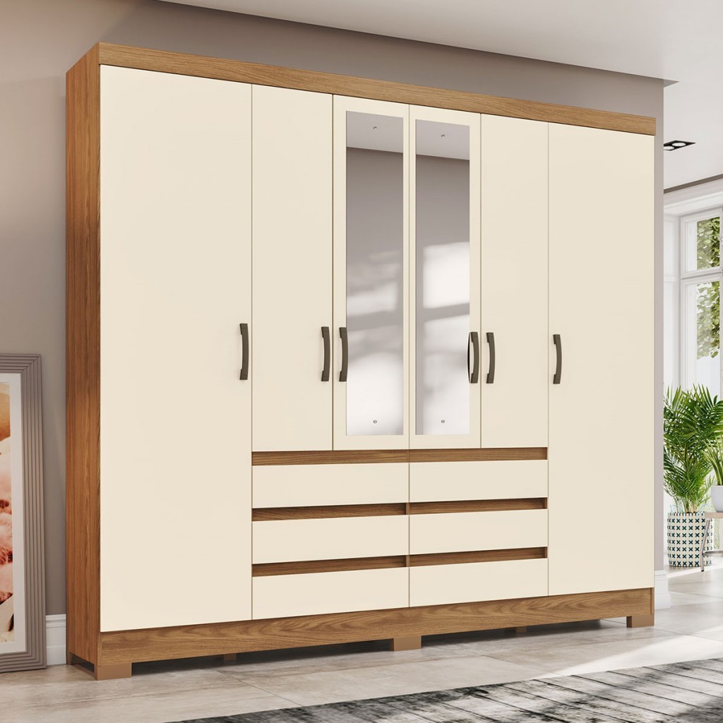 Guarda Roupa Casal 6 Portas e 6 Gavetas com Espelho B355 Nature/Off ...