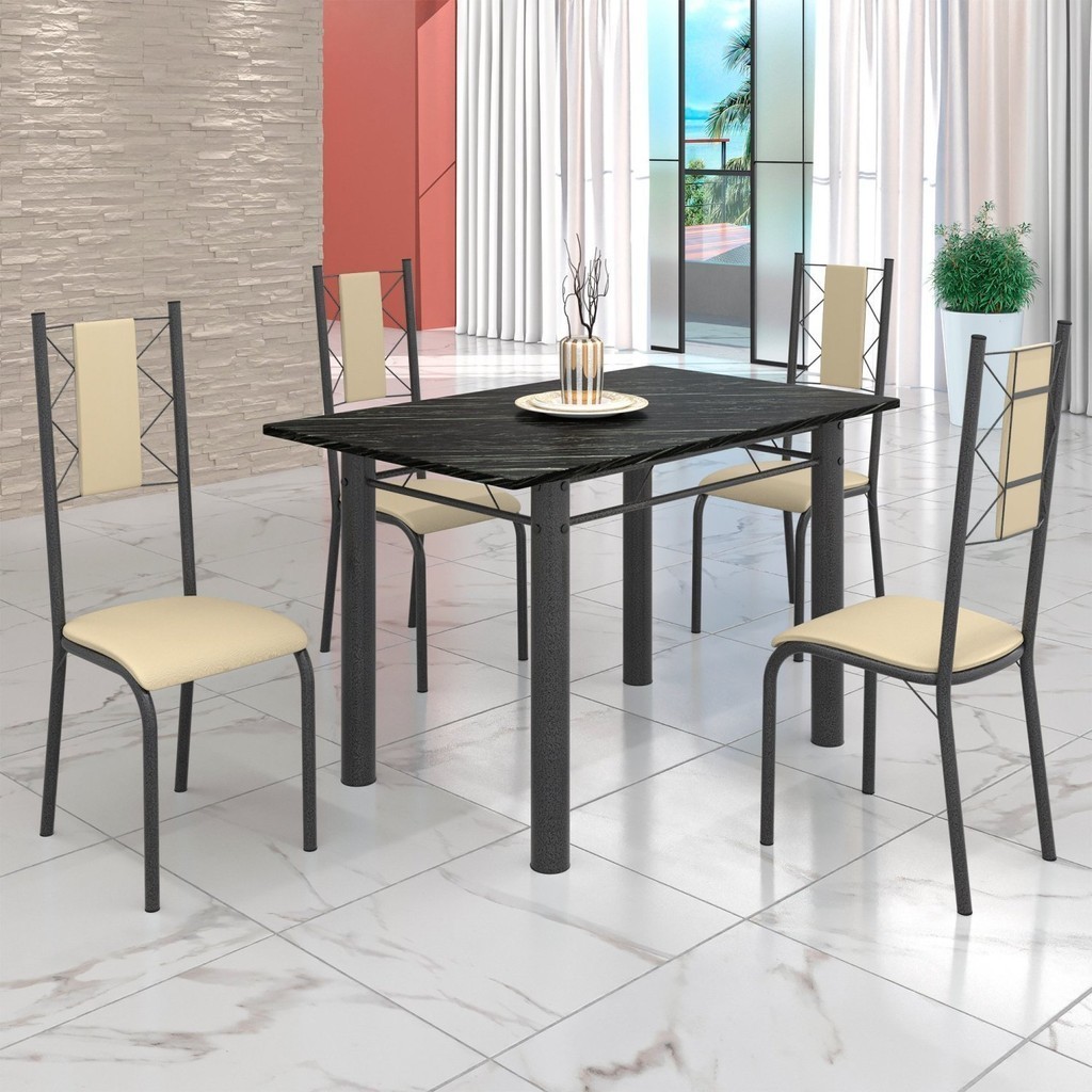 Conjunto Sala de Jantar Bahia Mesa Tubo 120x75cm Tampo Madeira Indiana com 4 Cadeiras Prata Mart ...