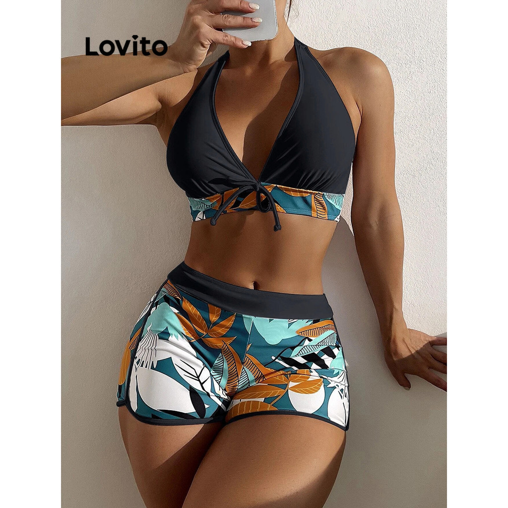 Lovito Sexy Conjunto Feminino Biquíni Com Laço Estampa De Plantas