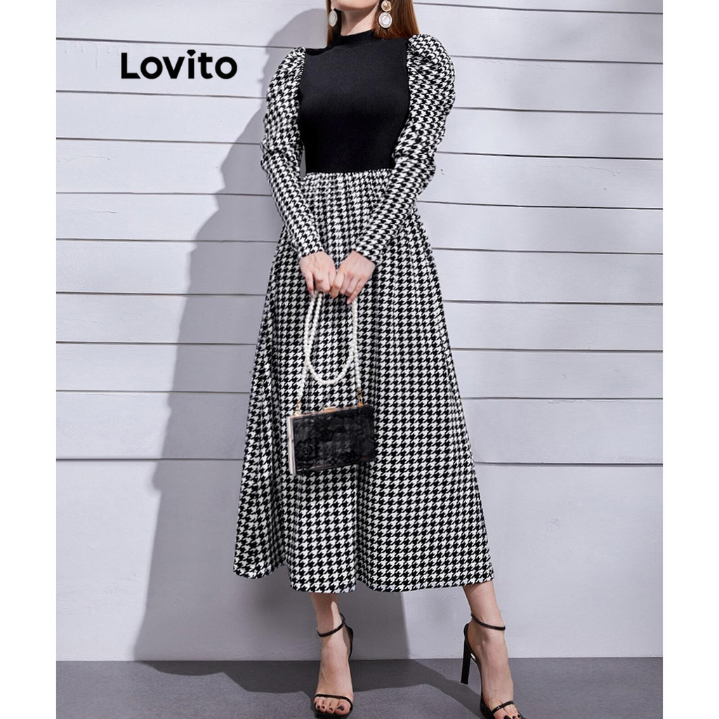 Lovito Vestido Elegante Houndstooth Colorblock Para Mulheres Lbl11462