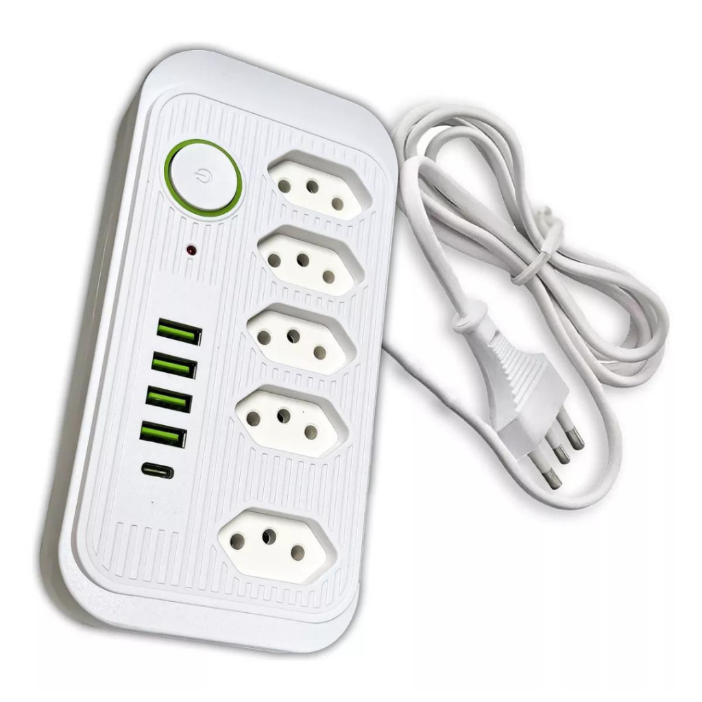 Extensão de tomada 5 tomadas filtro de linha com 4 usb 1 USB-C com cabo de 3M Bivolt Power 110v ...