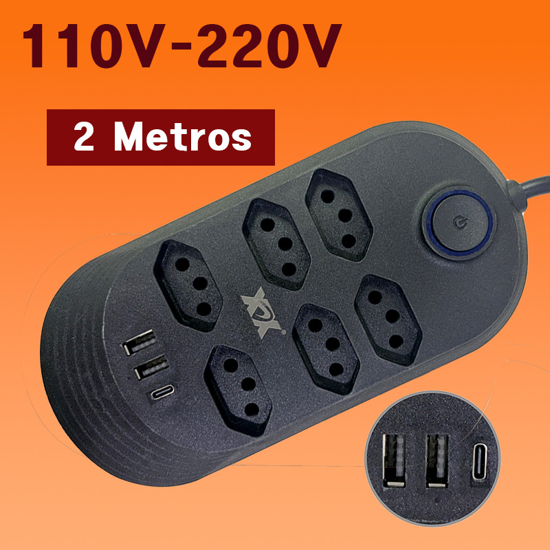 Extensão eletrica com 4 tomadas suporte para usb e tipo C | Shopee Brasil