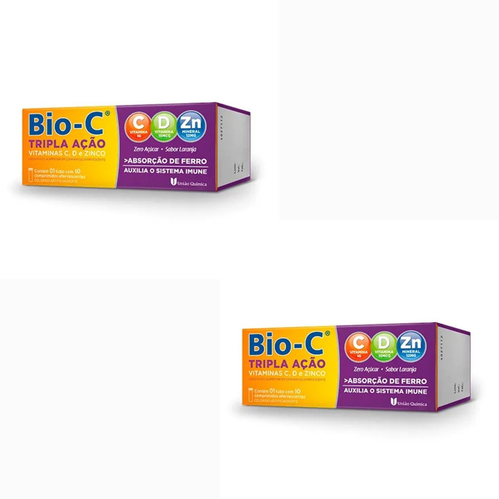 Kit 2 Bio-C Vitamina C, D e Zinco Tripla Ação 10 Comprimidos ...